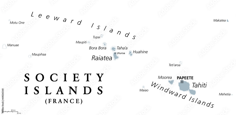 Society Islands, gray political map. Group of volcanic islands, in ...