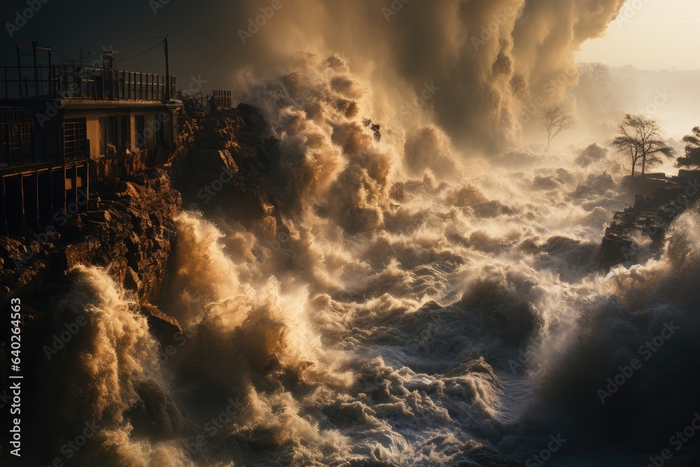 Harrowing scenes of large river floods and devastating floods Stock ...