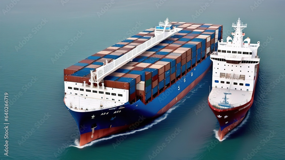 Top view of cargo sea ship with reverse rail in ocean vessel carrying ...