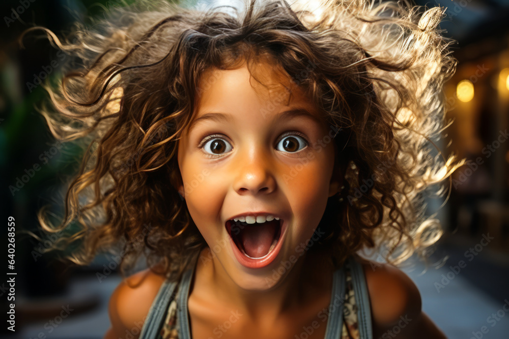Enthralling close-up of a surprised, joyous little girl expressing pure ...