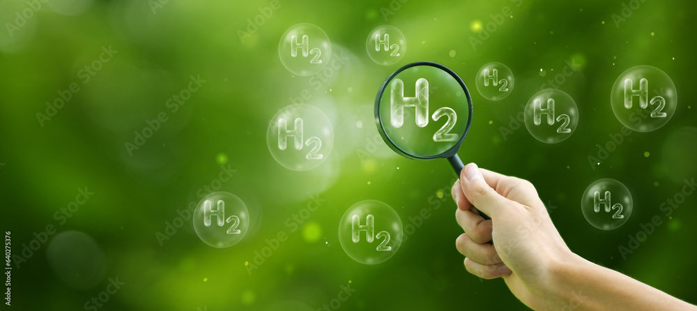 H2 hydrogen word in bubble on forest background, innovation hydrogen H2 ...