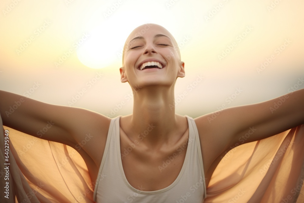 Radiating with joy, the bald woman exudes positivity and a smile ...