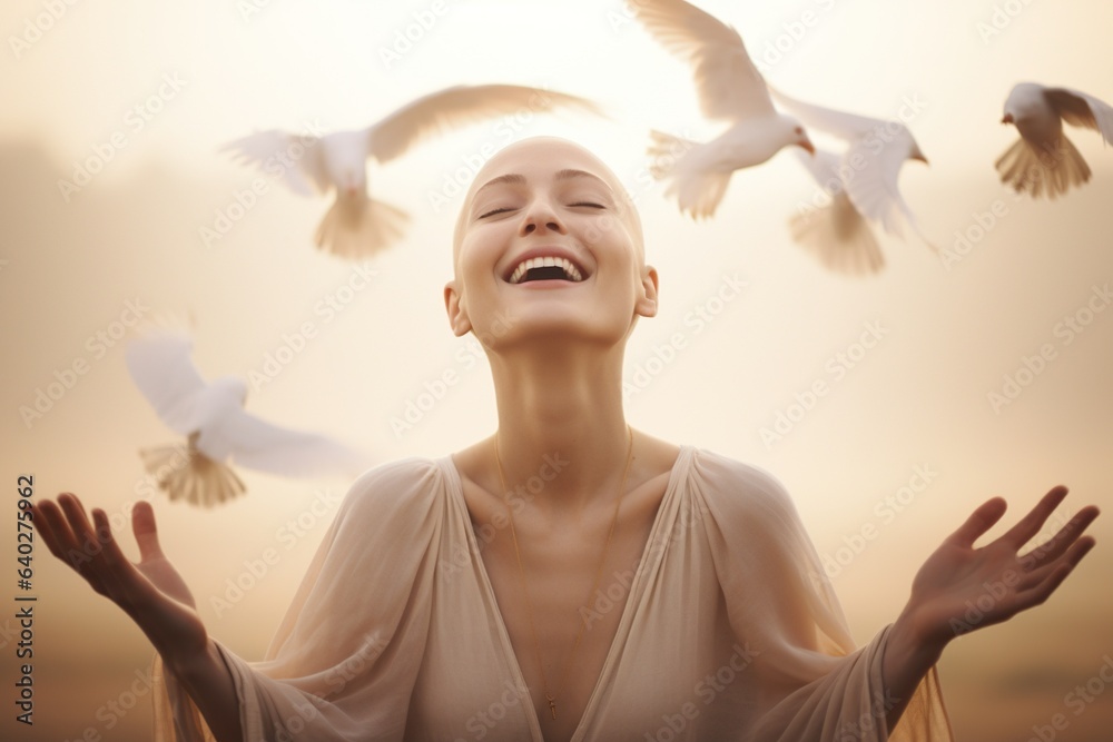 Radiating with joy, the bald woman exudes positivity and a smile ...