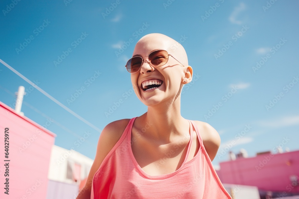 Radiating with joy, the bald woman exudes positivity and a smile ...