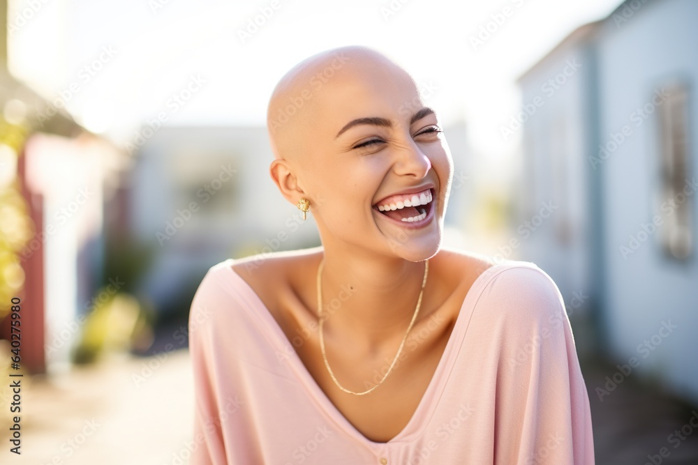 Radiating with joy, the bald woman exudes positivity and a smile ...