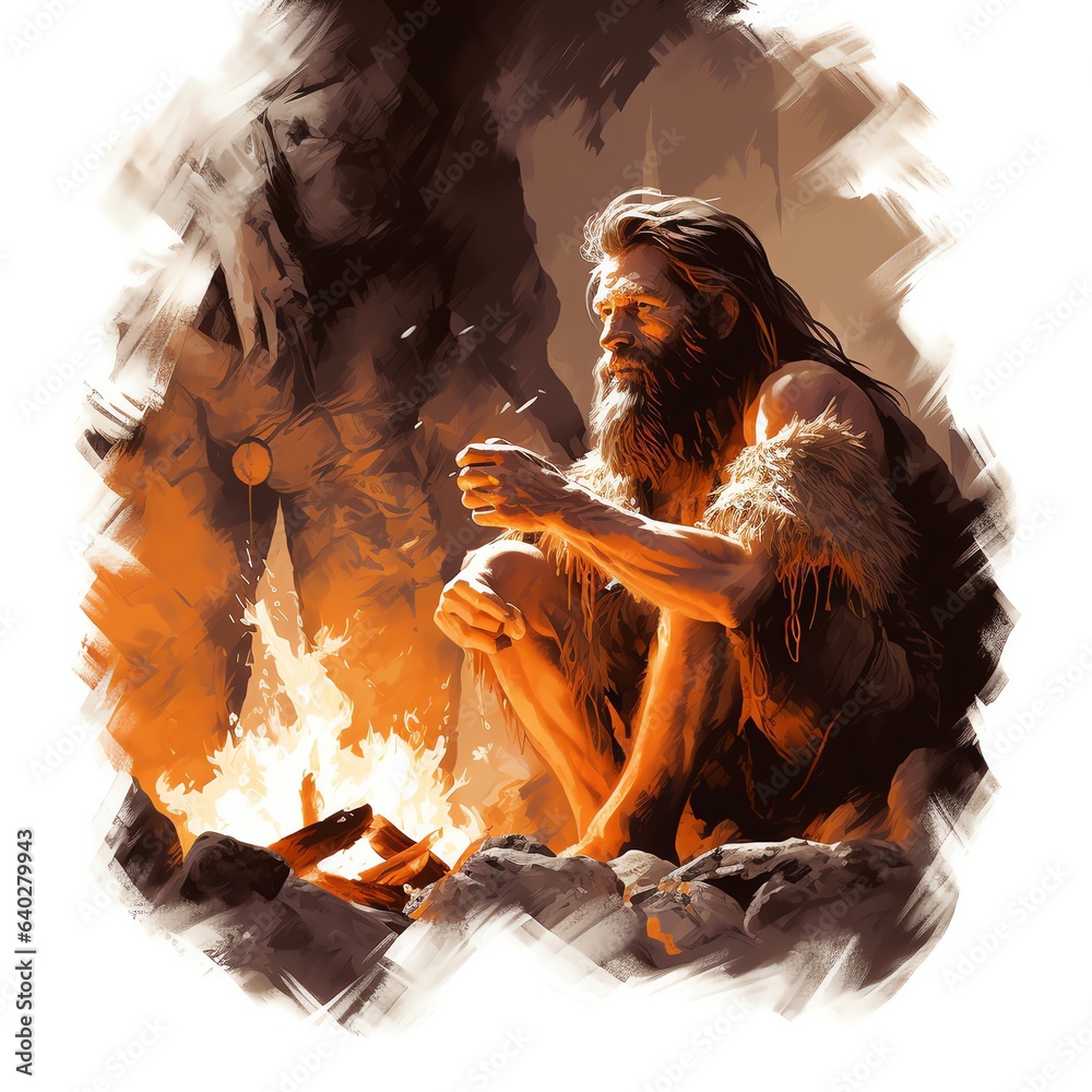 sited cave man with fire Stock Photo | Adobe Stock
