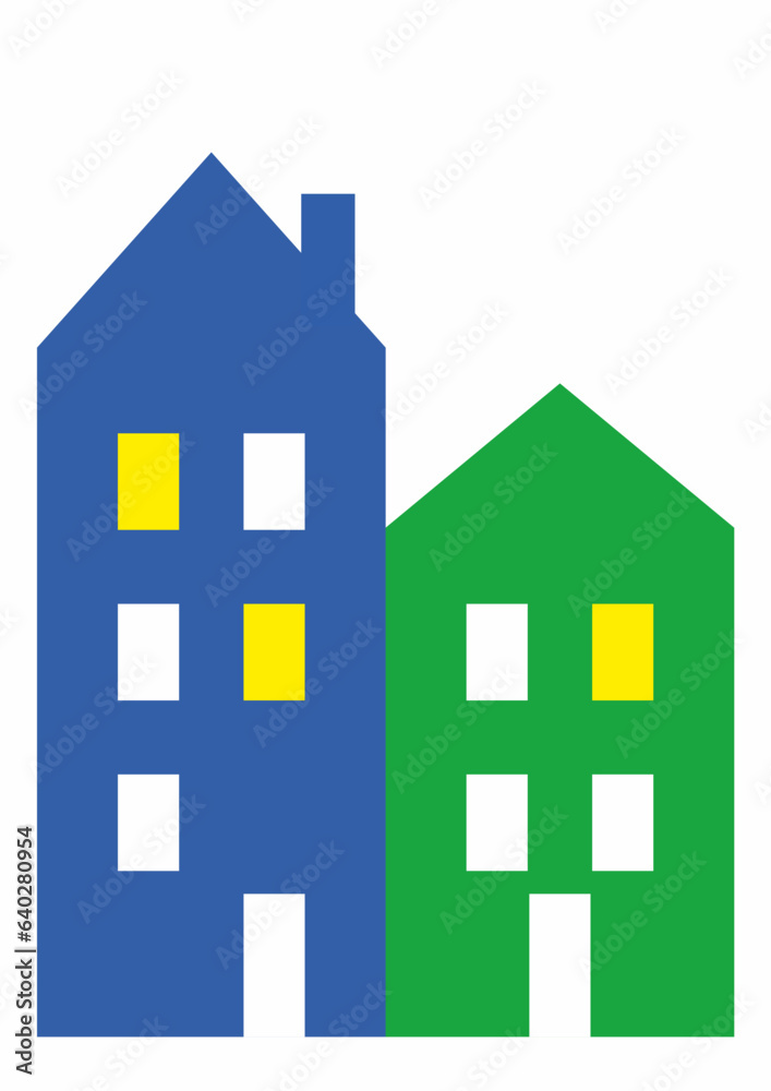Two high-rise prefab houses, blue and green building, town symbol, logo ...