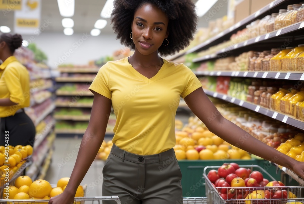Attractive young black woman working in a supermarket, wearing a yellow ...