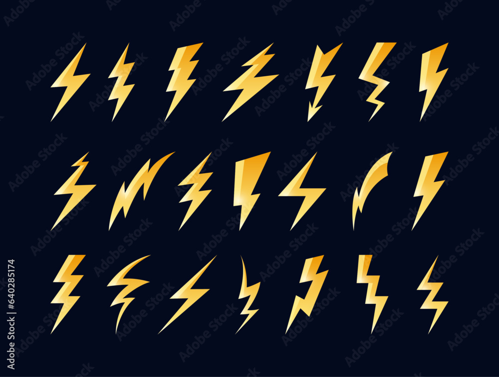 Lightning bolt icon. Vector set of cartoon thunderbolts, electric charge and lightning flash ...