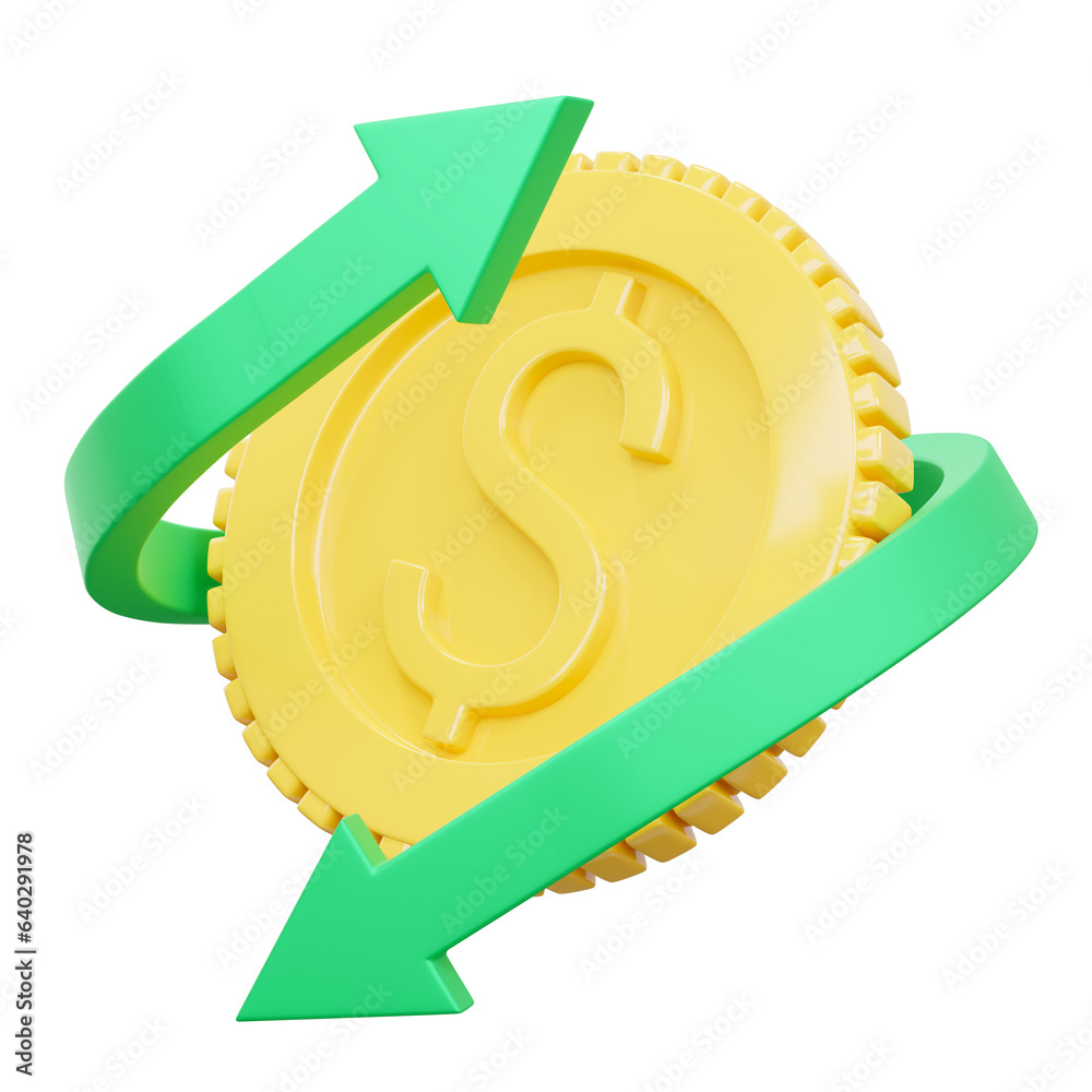3D Cashback and refund icon. Arrow with gold coin floating isolated ...