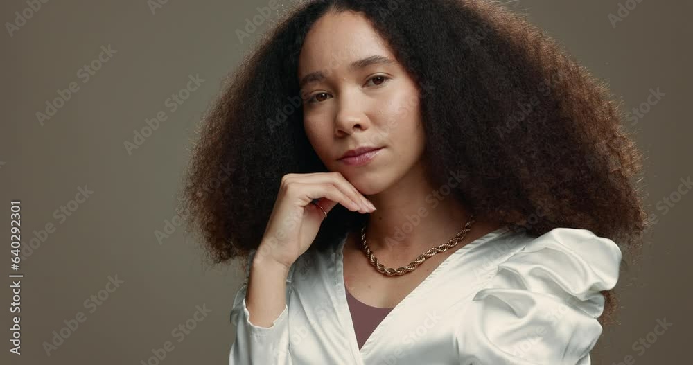 Face, fashion and confidence of woman in studio isolated on a gray ...