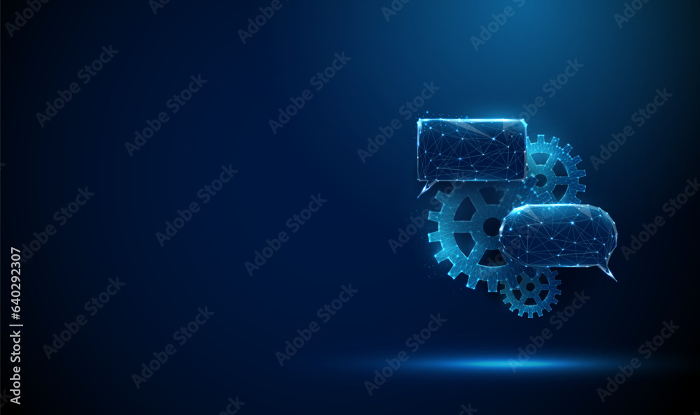 Abstract blue glowing chat boxes with gears. Chatbot and artificial ...