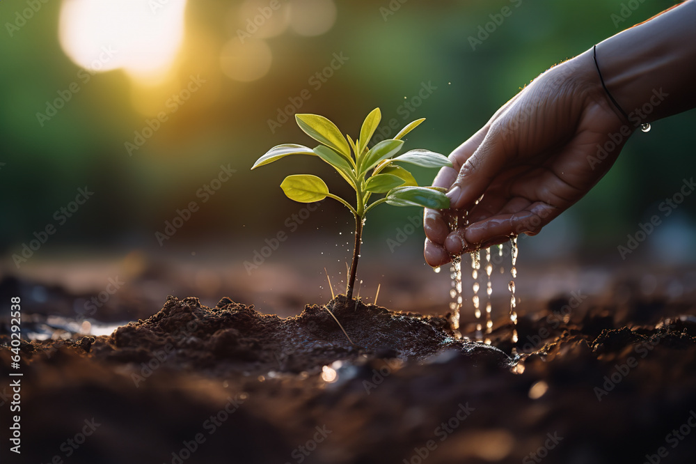 Nurturing Nature Hand Watering a Young Tree at Sunset for a Greener and ...