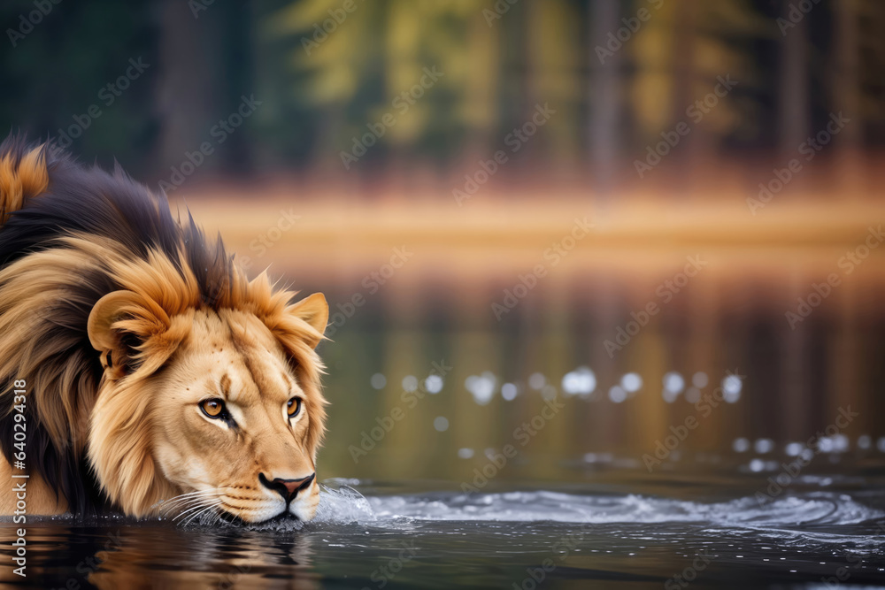 Lion in the water. Wildlife scene from nature. AI Generated/AI ...