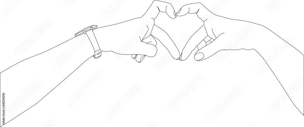 One line drawing hand heart and outline vector on white background ...