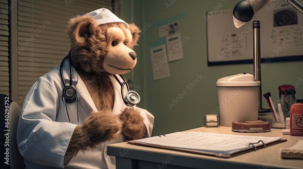 A delightful scene in a mock medical room where the chimp, wearing a ...