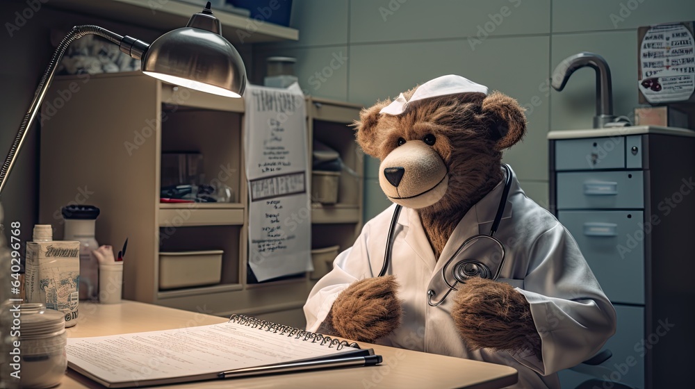 A delightful scene in a mock medical room where the chimp, wearing a ...
