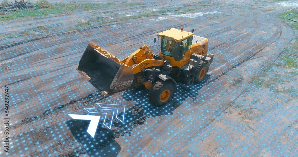Smart bulldozer at the construction site. Smart building concept ...