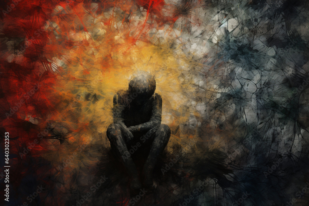 Illustration of a person being crunched down in a cloud of darkness ...