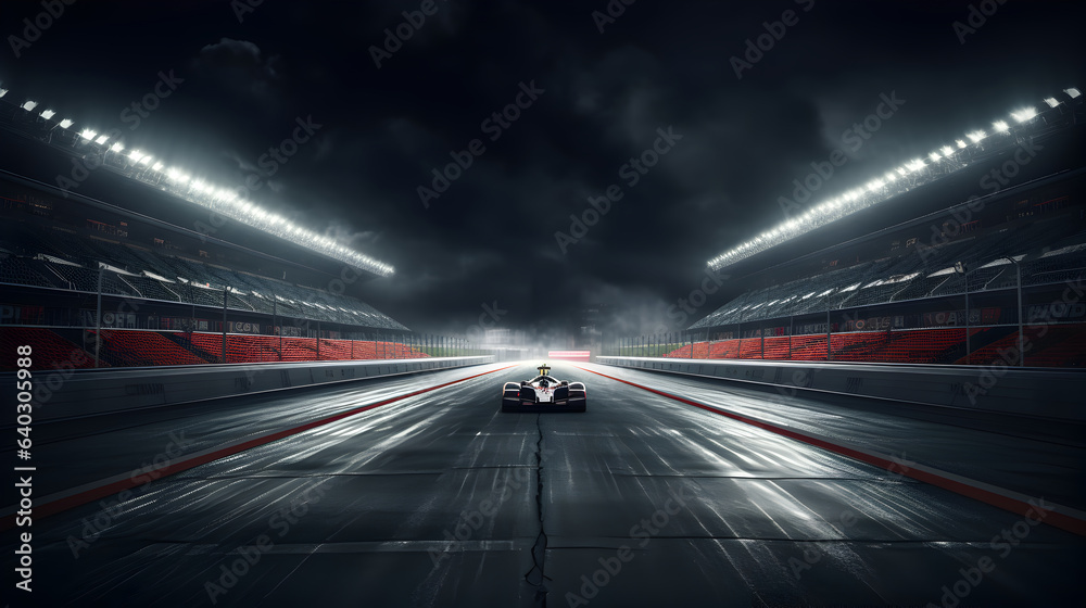 Formula one racing car on track at night in rain, with empty stadium ...