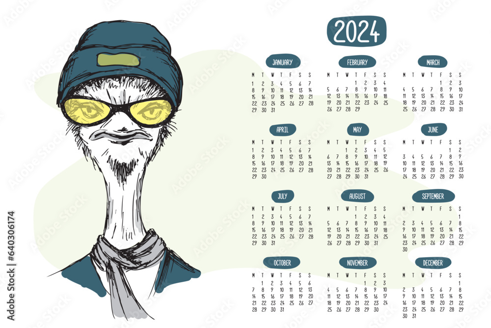 Calendar 2024 with funny hipster ostrich. Hand drawn horizontal poster ...