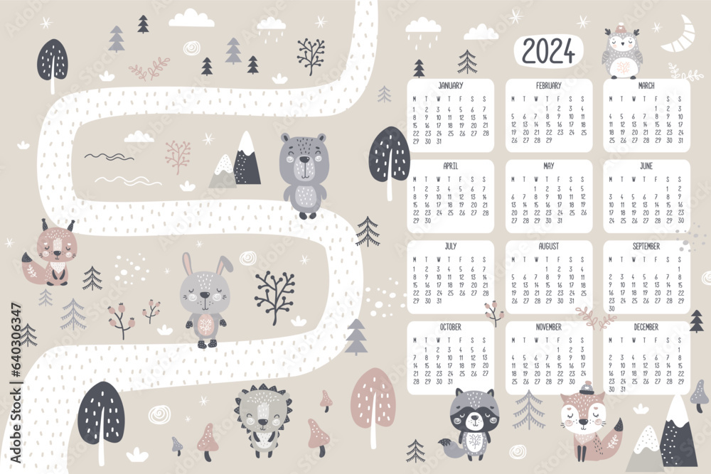 Calendar 2024 with forest animals. Road in forest and various doodle ...