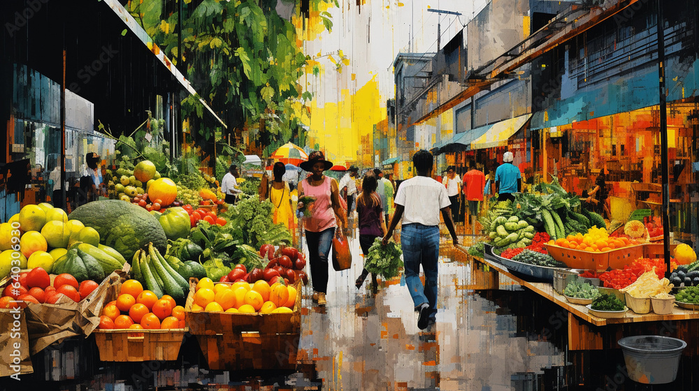 Abstract interpretation of farmer's market, collage style, mix of photo ...