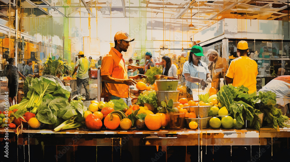 Abstract interpretation of farmer's market, collage style, mix of photo ...