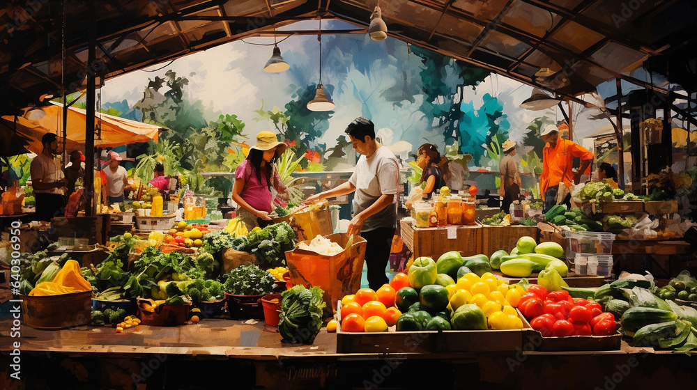 Abstract interpretation of farmer's market, collage style, mix of photo ...