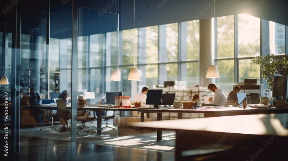 Modern corporate office open space with forest outside the window ...