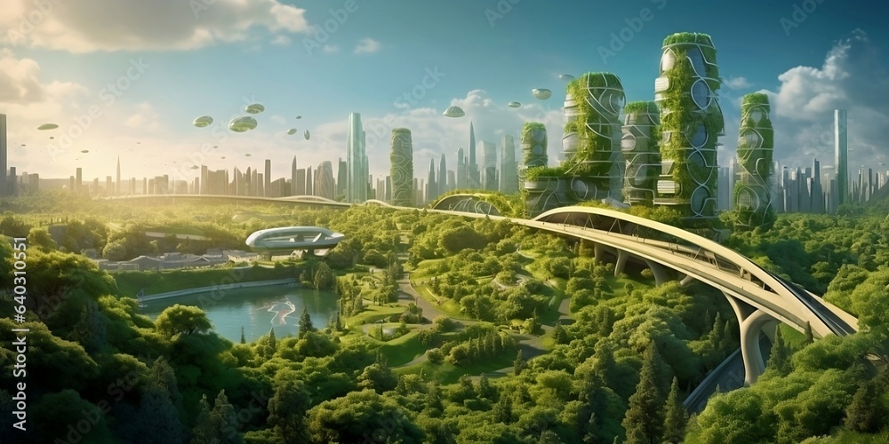 Spectacular eco-futuristic cityscape full with greenery, skyscrapers, parks, and other manmade ...