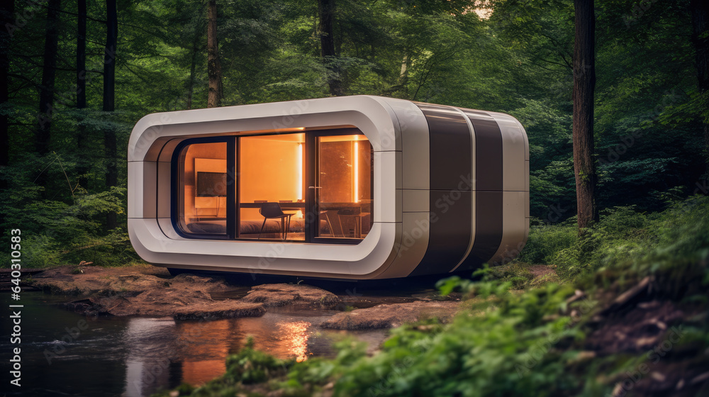 3D-printed cabin in the woods with modern, minimalist design and ...