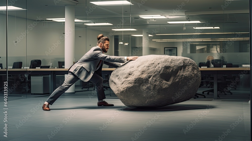 The business model, in an expansive, almost empty office space, pushing ...