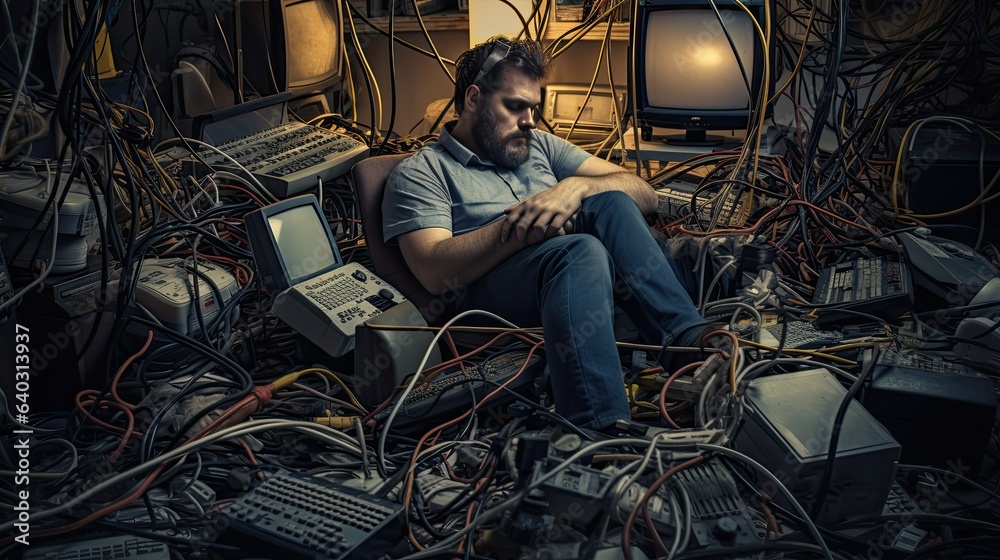 The business model, seated on the floor, surrounded by a maze of ...