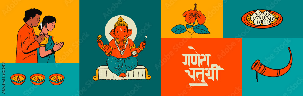 Ganesh Chaturthi calligraphy in Marathi, Hindi with Ganesha editable ...