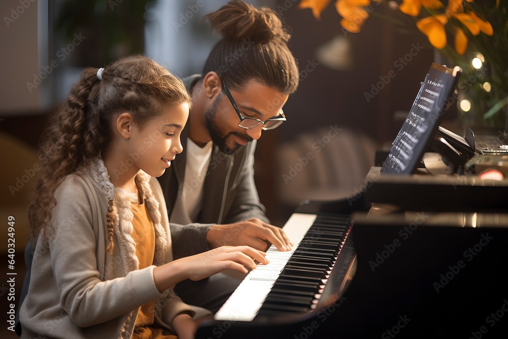 A young girl taking a piano lesson, passionately playing the keys ...