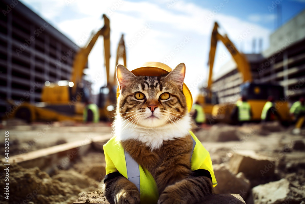 Cat builder concept. Funny cat is wearing a suit of builder. Craftsman ...