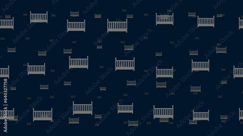 Baby cot symbols float horizontally from left to right. Parallax fly ...