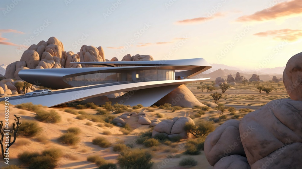 Modern desert home blending with arid surroundings, maximizing natural ...