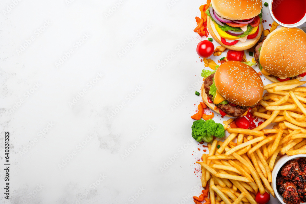 Background with burgers and fries on a white background with a place ...