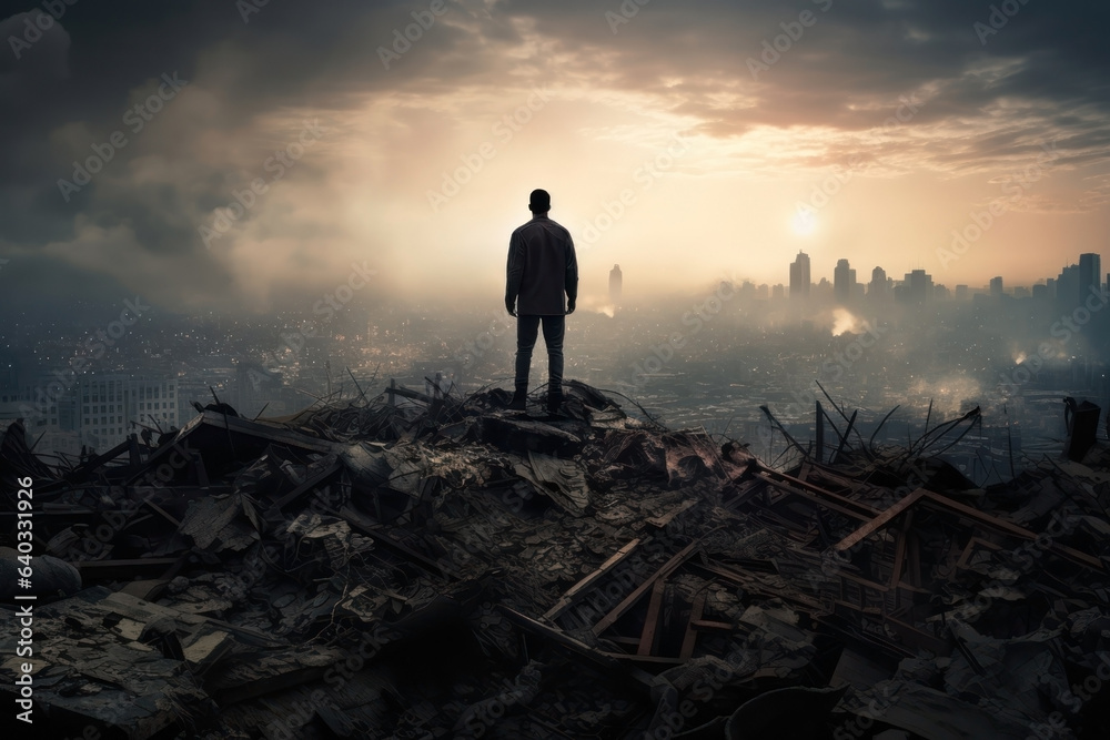 silhouette of a man overlooking a destroyed post apocalyptic city ...