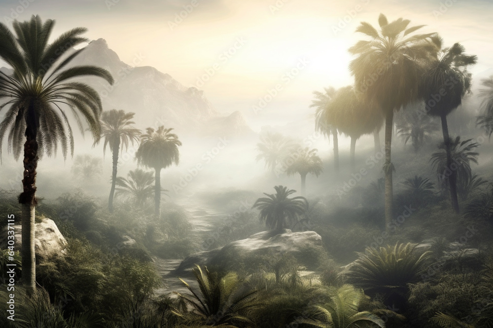 Mysterious Palm Enclave: An enigmatic scene of palm trees in a surreal ...