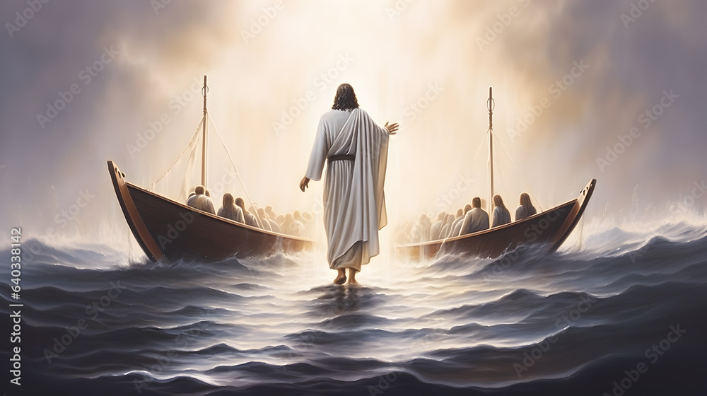 Jesus Christ walking on water across the sea towards a boat. Stock ...