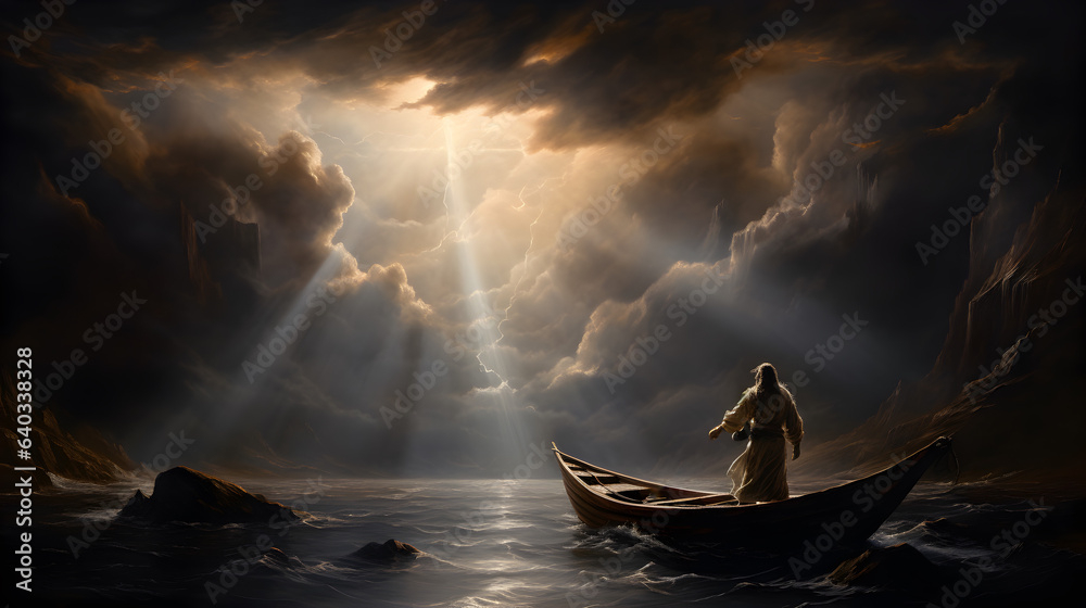 Jesus Christ on the boat calms the storm at sea. Stock Photo | Adobe Stock