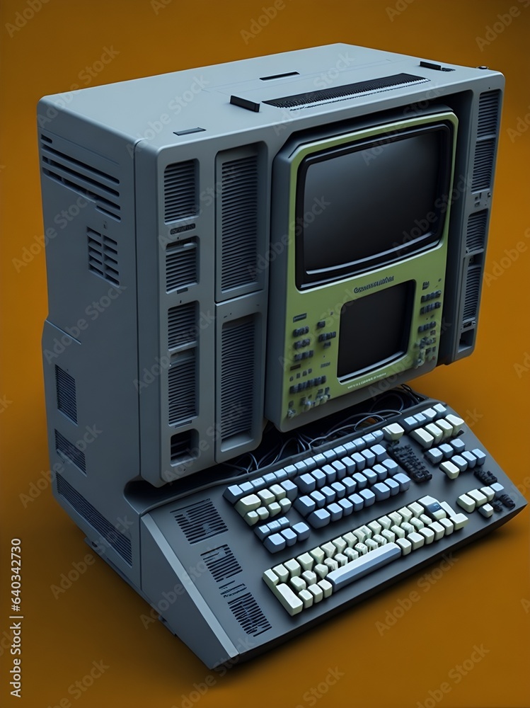 Old computer from the 80s is part of a vintage tech workshop. Tools and ...