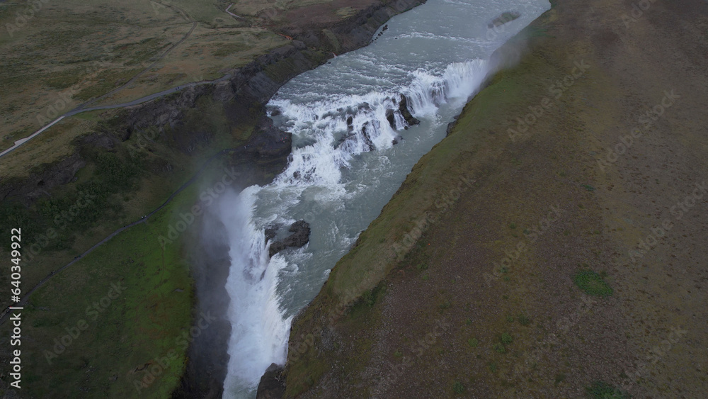 AERIAL VIEW - Gullfoss ("Golden Falls") is a waterfall located in the canyon of the Hvítá River ...