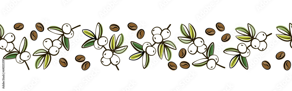 Seamless horizontal pattern coffee tree branch with leaves and grains ...