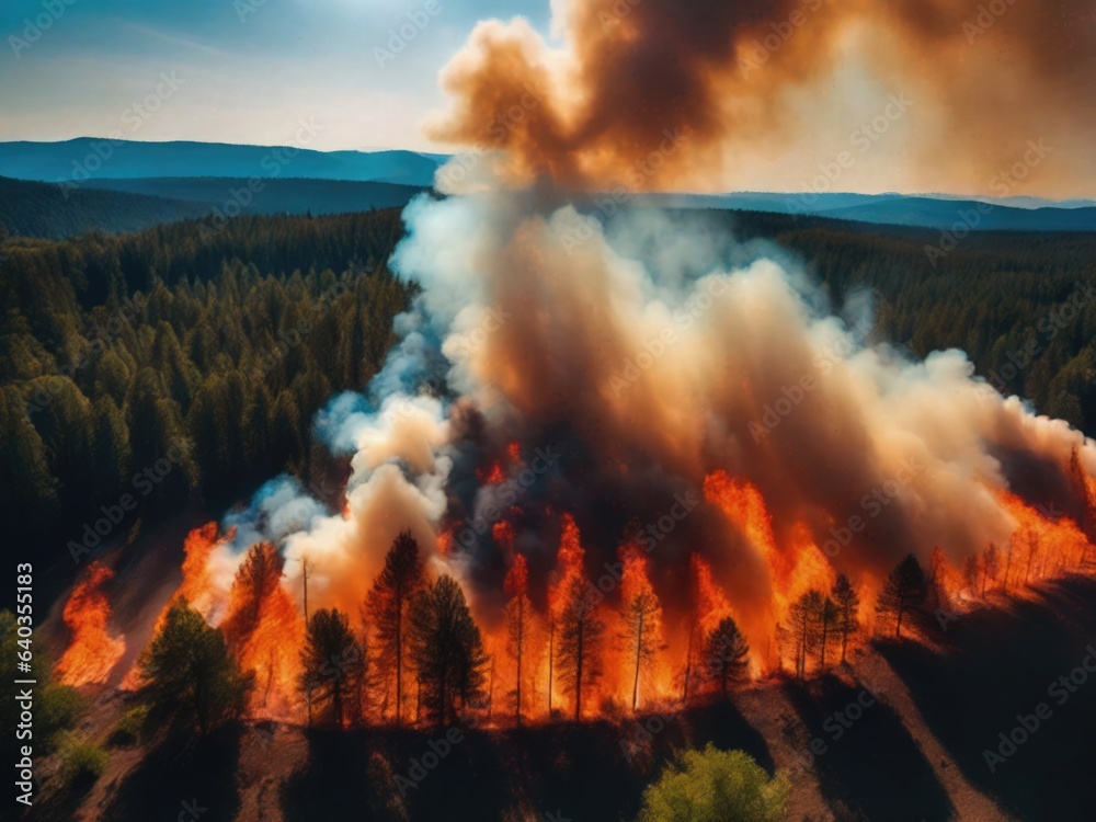 Aerial view of intense forest fire. Burned pine forest at wildfire ...