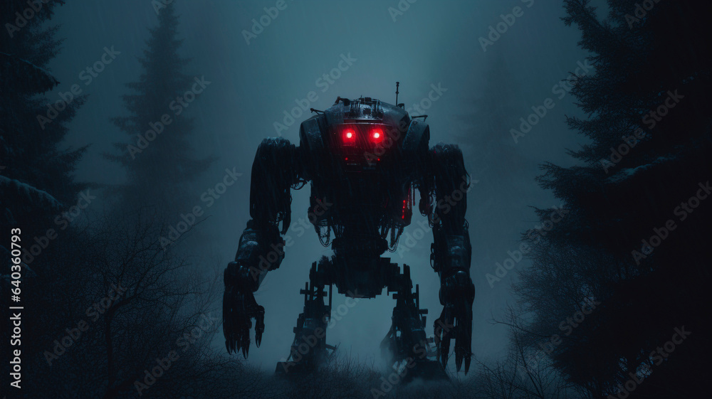 A huge creepy war machine robot with big red eyes glows, pointing ...