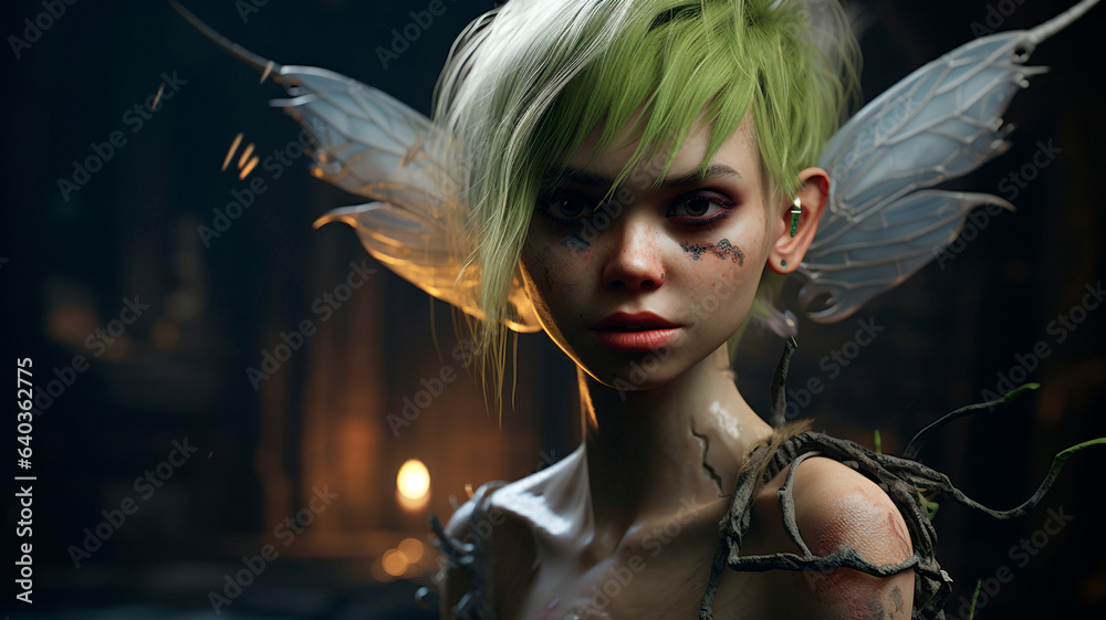 Tinker Bell fairy horror style creepy realistic portrait. Generative AI ...